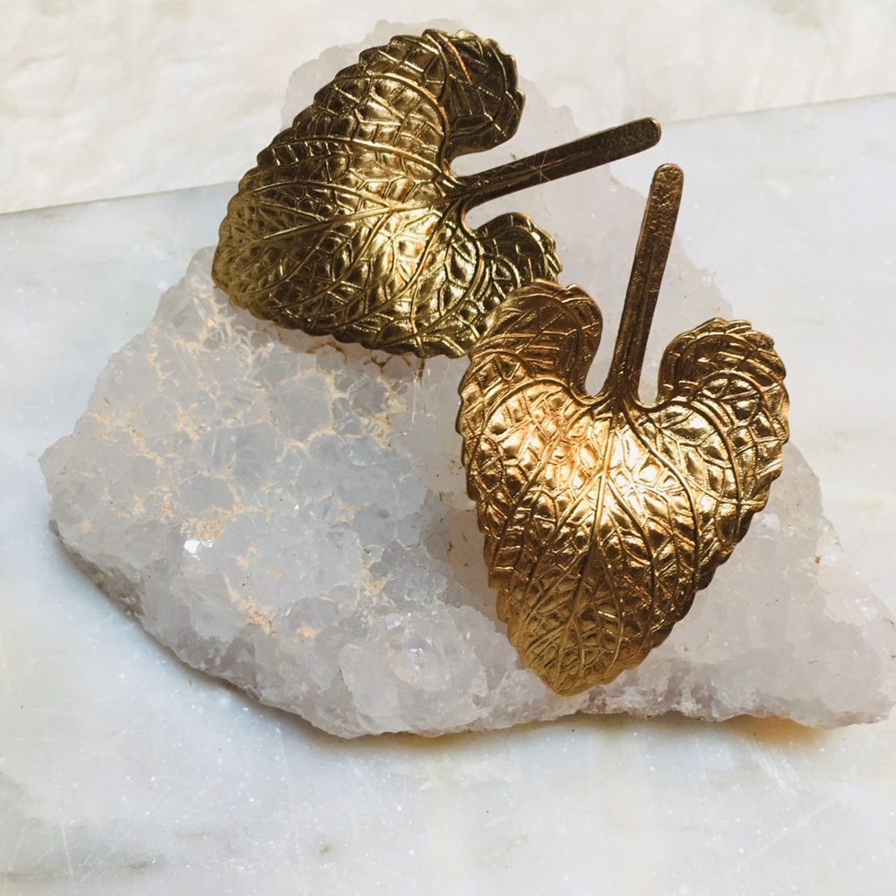 Big Vintage Brass Leaf Avant Garde Post Earrings - Gem